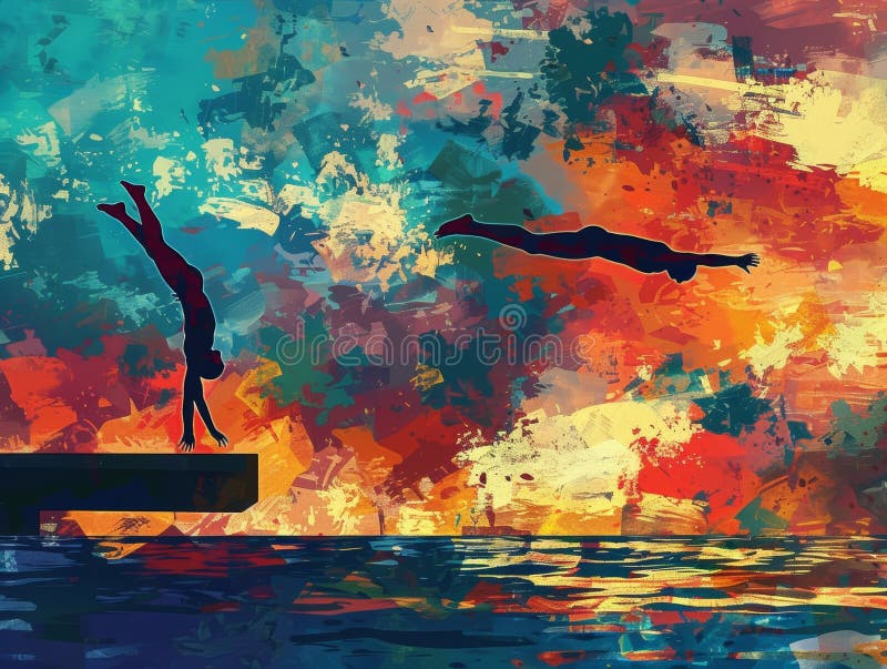 Synchronized Diving by USA Athletes at Sunset Stock Illustration ...