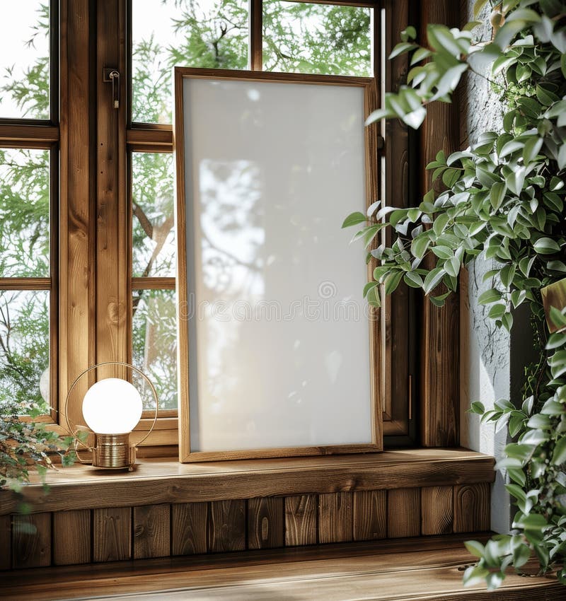 Elegant Blank Frame Mockup on Wooden Window Sill with Greenery Stock ...