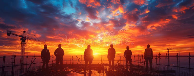 New Office Building Construction at Sunset with Steel Frame and Cranes ...