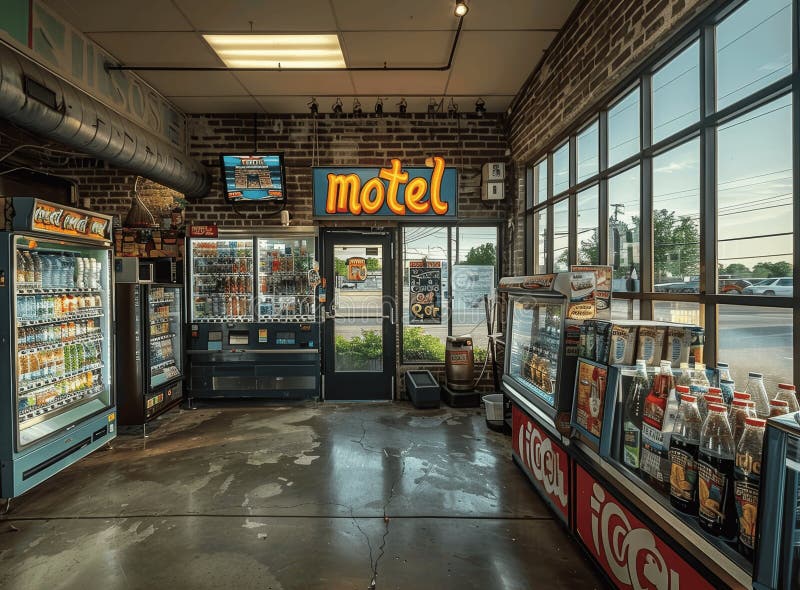 Modern Motel Convenience Store Interior with Vending Machines and ...