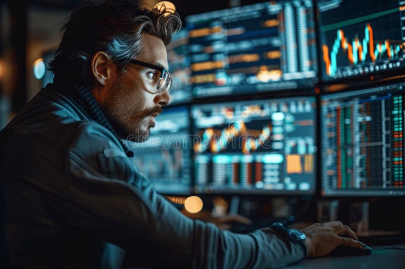 Stylish Male Trader Analyzing Stock Market Data at Night Stock ...