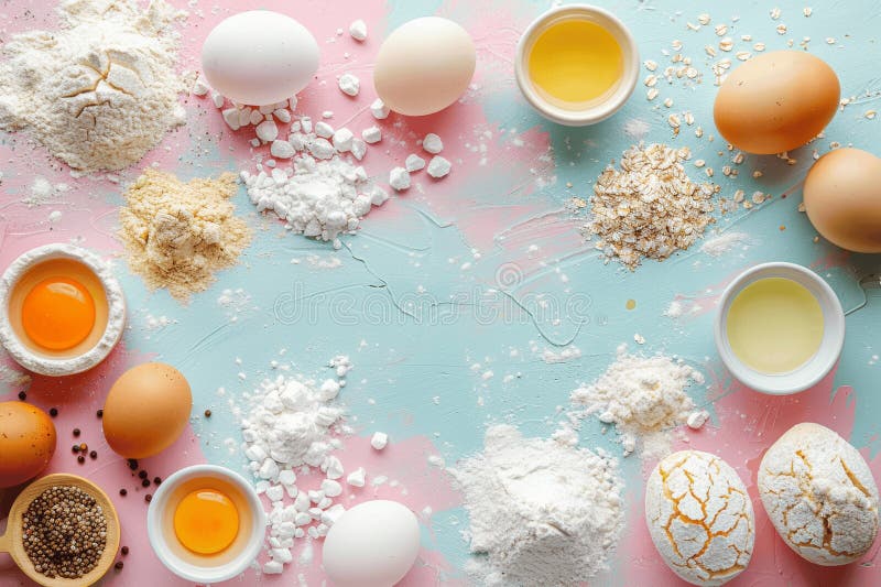 Variety of Baking Ingredients on Pastel Background Stock Illustration ...