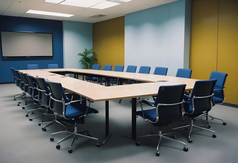 A Modern Conference Room with a Large Rectangular Table, Blue Chairs ...