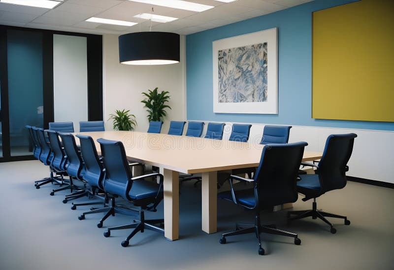 A Modern Conference Room with a Large Rectangular Table, Blue Chairs ...