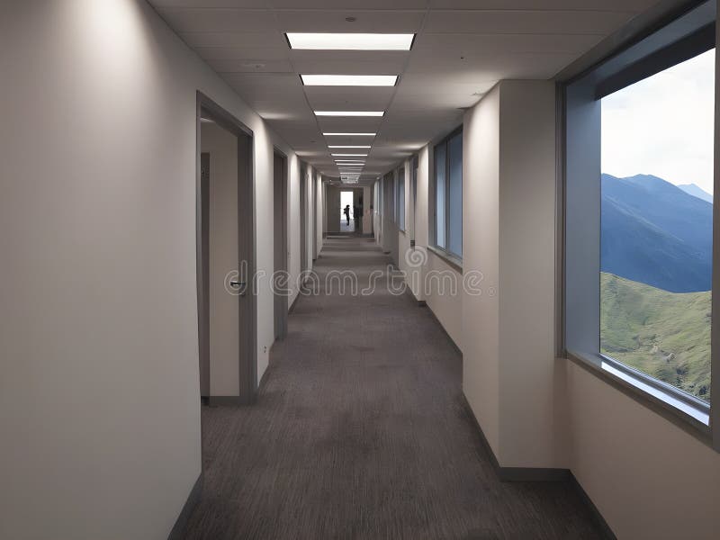 Clean Office Corridor with a View through the Window To Majestic ...
