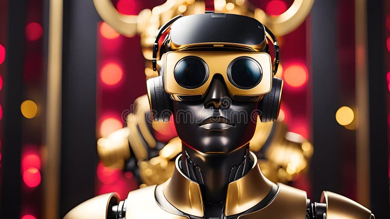 Gold and Black Robot or Android with Golden VR Glasses and Red Bokeh ...