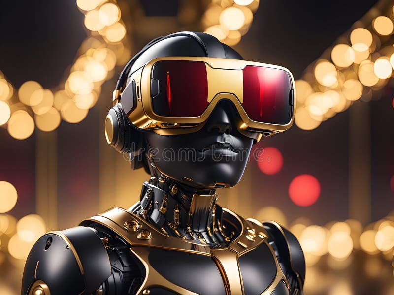 Gold and Black Robot or Android with Golden VR Glasses and Red Bokeh ...