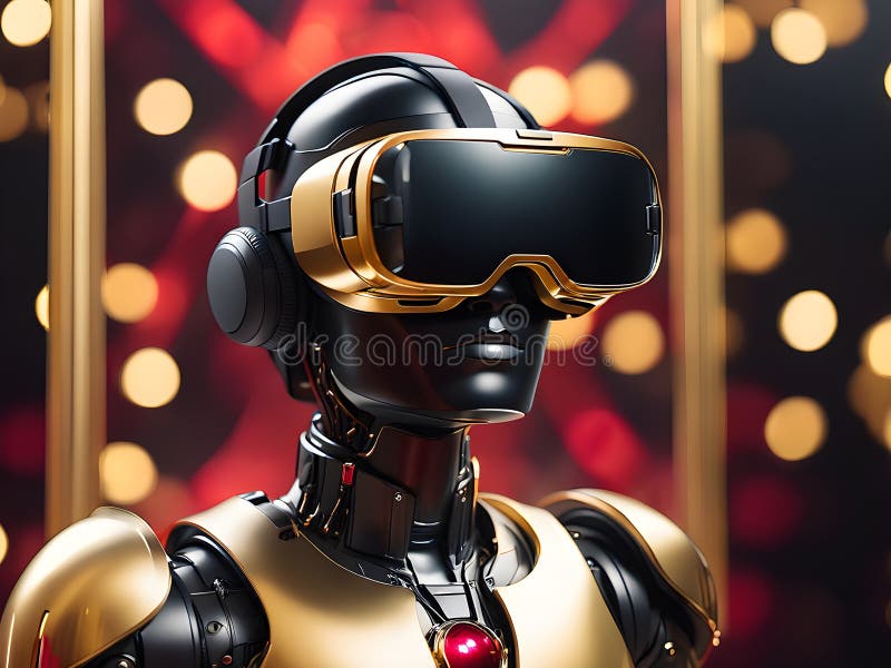 Gold and Black Robot or Android with Golden VR Glasses and Red Bokeh ...