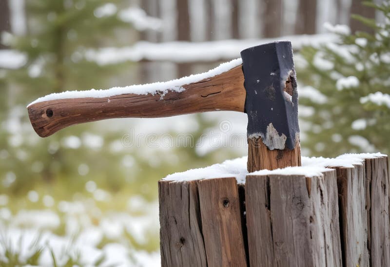 Old Axe Head Embedded in Wooden Post in Snowy Blurred Outdoor Setting ...