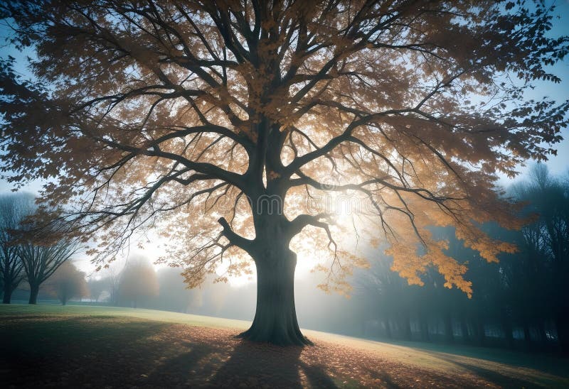 Large Twisted Tree in Autumn with Vibrant Brown Orange Foliage Stock ...