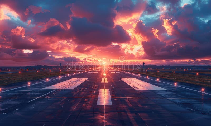 Dramatic Sunset on Empty Airport Runway Asphalt Road Twilight Sky ...