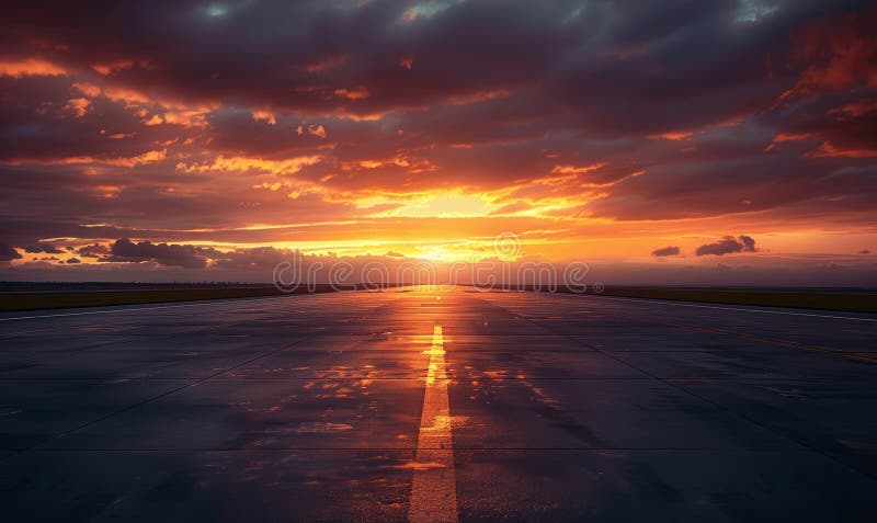 Dramatic Sunset on Empty Airport Runway with Twilight Sky Stock ...