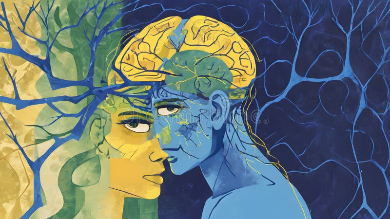 Surreal Portrait Illustration of Brain and Face with Blue and Yellow ...