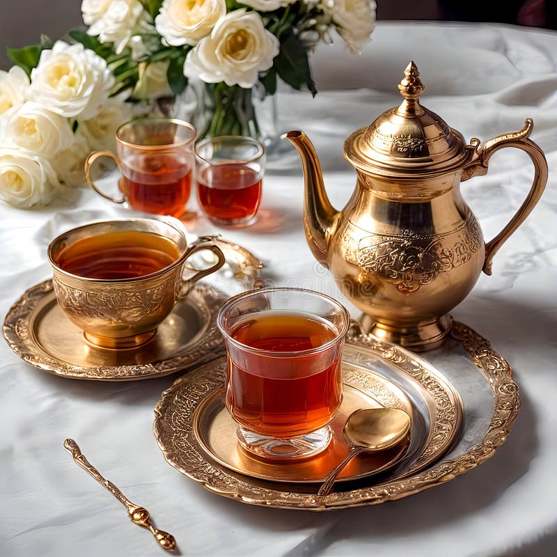 Image Generated by AI, a Table with a Set of Golden Tea Serving Utensils, White Flowers ...