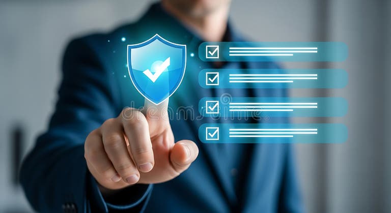 A Refined Man in a Sharp Blazer Taps a Bright Blue Shield Symbolizing ...
