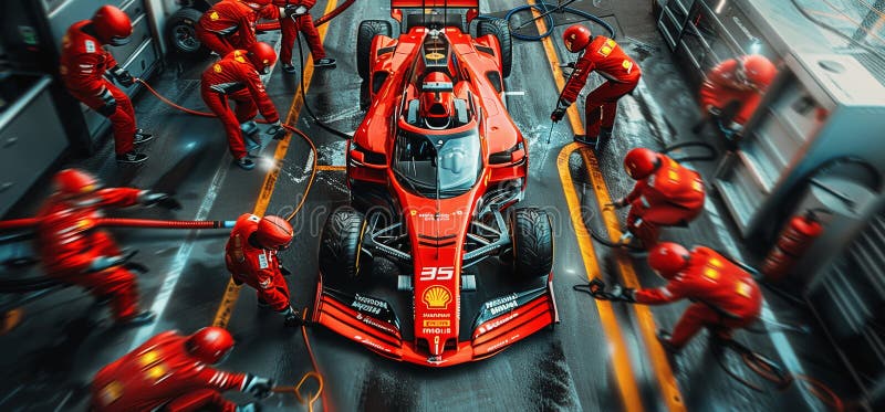 Pit Crew Working on Ferrari F8 in Cinematic Style Stock Illustration ...