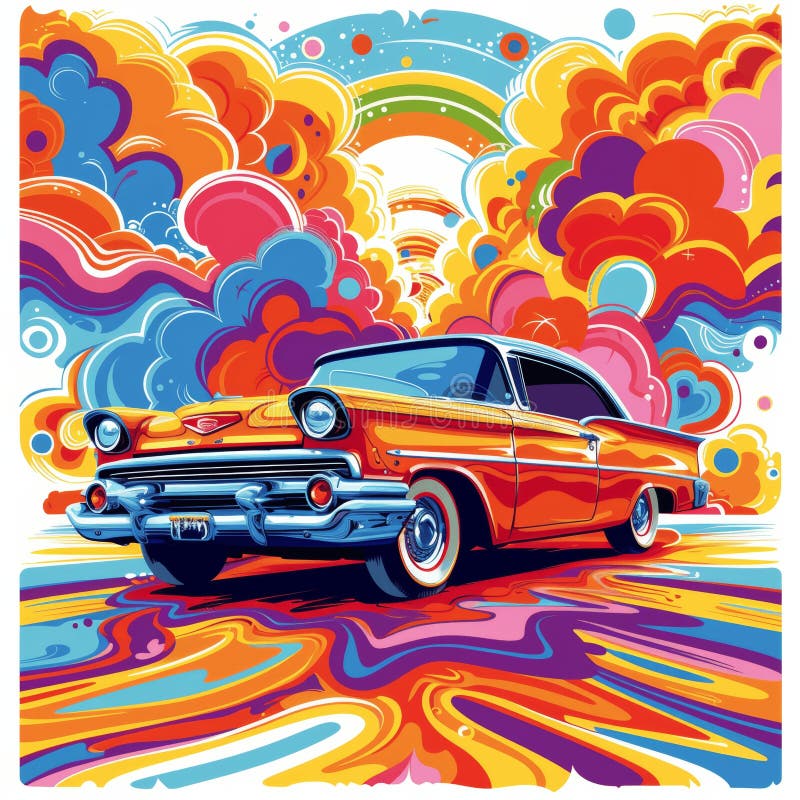 Vector Retro Car Illustration with Psychedelic Background for T-Shirt ...