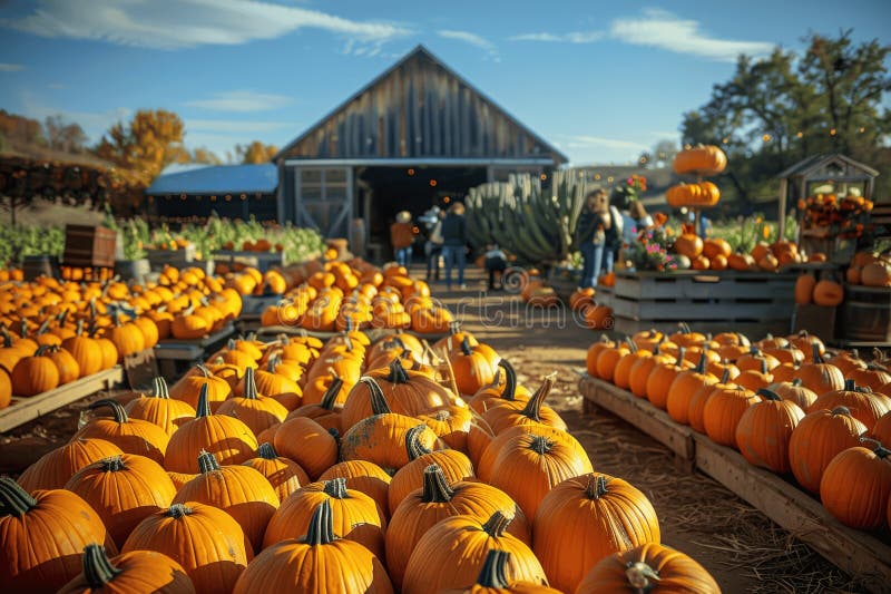 Vibrant Autumn Pumpkin Patch Scene with Pumpkins and Barn at Sunrise ...