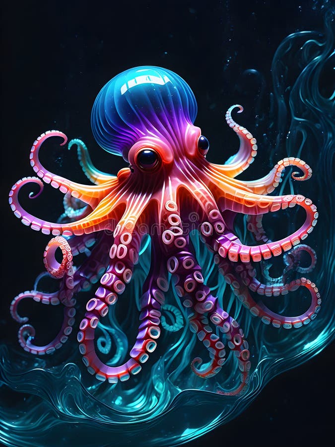 Colorful Fantasy Marine Creature Animal Neon Octopus in Underwater ...