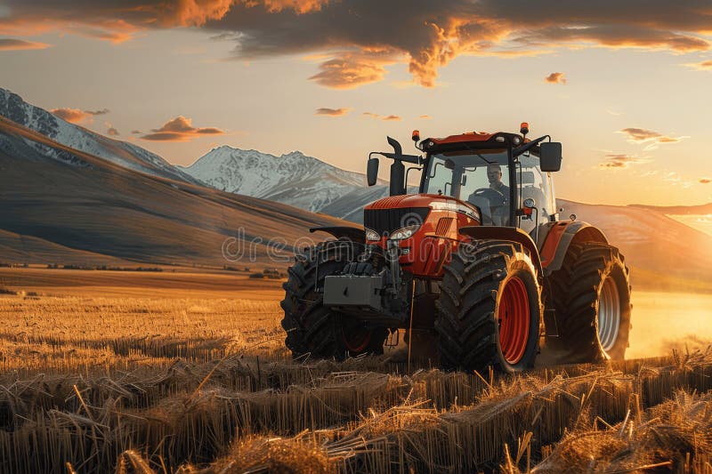 Tractor at Sunset: Farmer Working in Grain Fields Stock Illustration ...