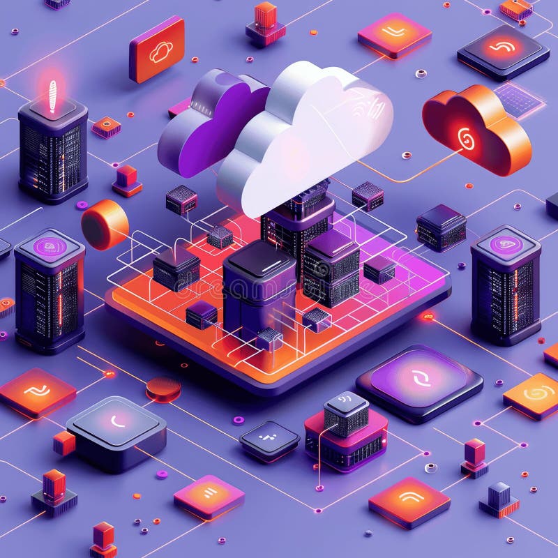 3d Isometric Illustration Of Cloud Data Center With Orange Purple