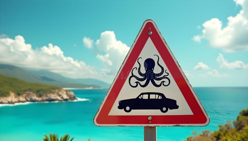 Triangular Traffic Sign Humorous Warning Octopus in a Sci-Fi Fantasy ...