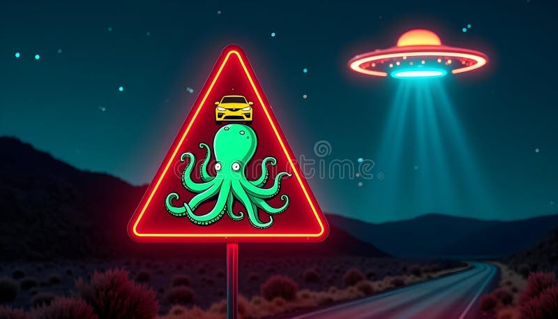 Octopus Attack Nighttime Warning Sign with UFO Stock Illustration ...