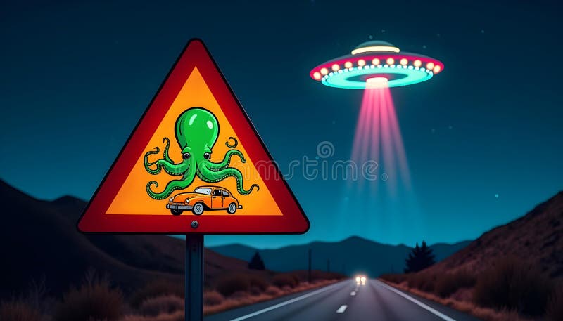 Octopus Attack Nighttime Warning Sign with UFO Stock Illustration ...