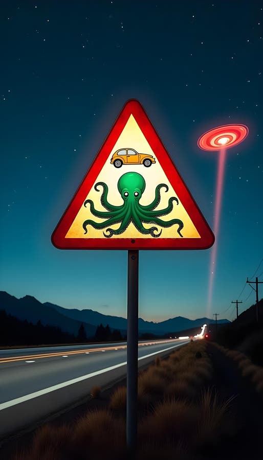 Octopus Attack Nighttime Warning Sign with UFO Stock Illustration ...
