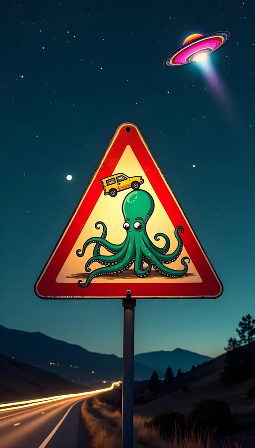 Octopus Attack Nighttime Warning Sign with UFO Stock Illustration ...