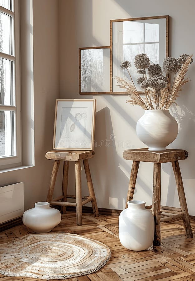 Scandinavian Boho Style Room with Wooden Legged Stool and Ceramic ...