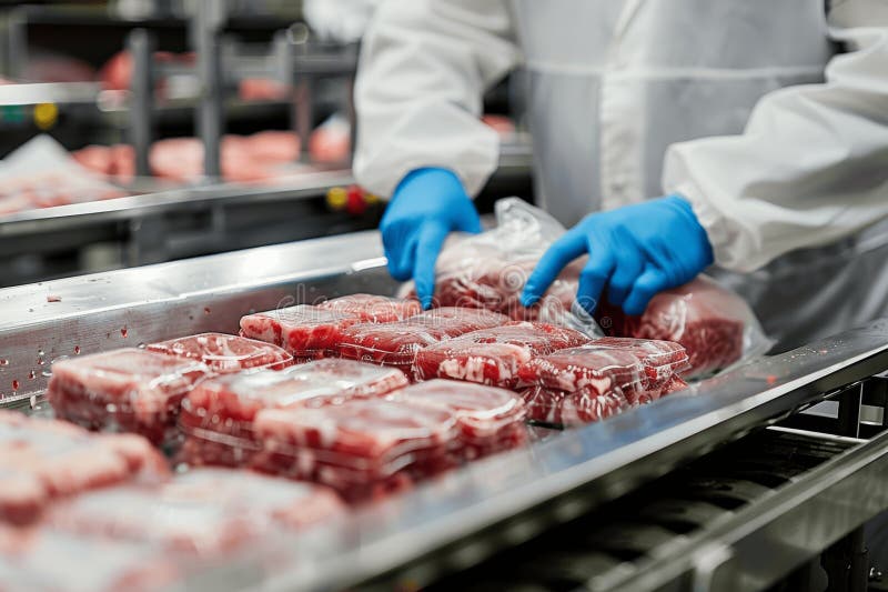 Worker Handling Raw Meat on Conveyor Belt in Food Production Facility ... Worker Handling Raw Meat on Conveyor Belt in Food Production Facility ...