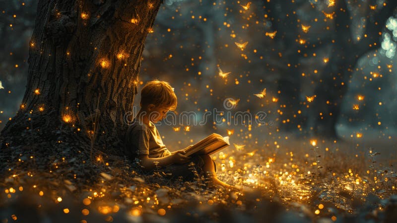 Young Boy Reading Under Tree in Magical Forest with Glowing Fireflies ...