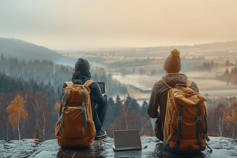 Digital Nomad Working on Mountain Top with Laptop, Enjoying Nature View ...