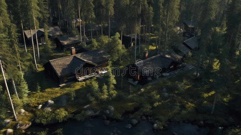 An Aerial View of a Cluster of Log Cabins in a Secluded Forest Setting ...