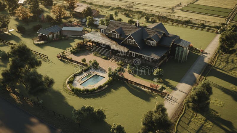 An Aerial View of a Ranch - Style House with a Large Backyard Stock ...