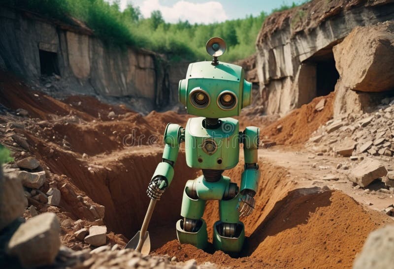 Funny Green Robot Digging a Hole in a Quarry Stock Illustration ...