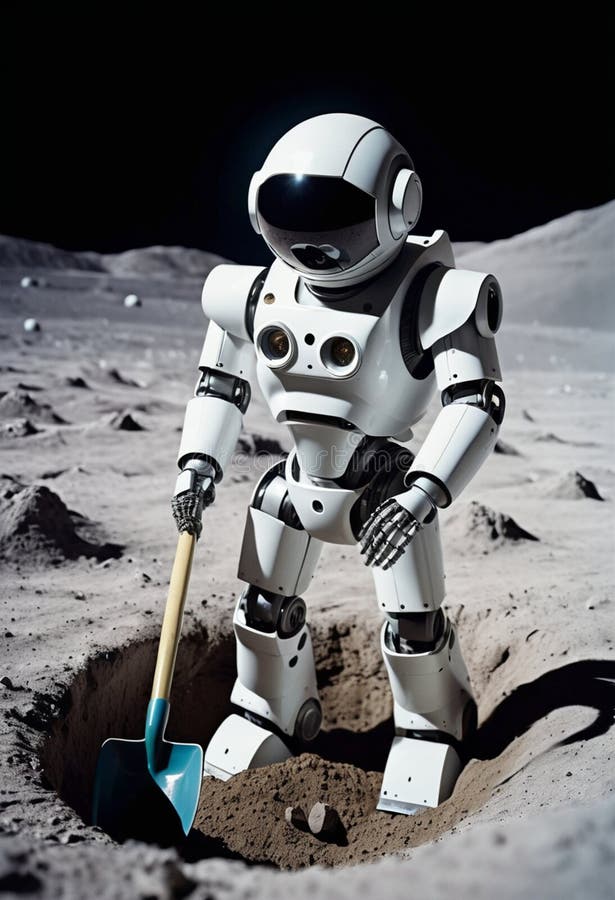 Space Exploration Humanoid Robot Digging a Hole on the Moon Stock ...