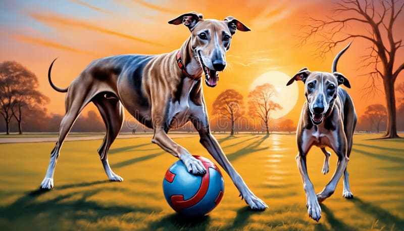 Two Greyhound Dogs Play with Ball in a Park at Sunset Stock ...