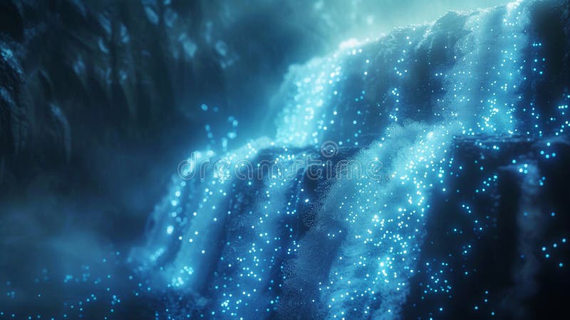 Blue Glow Particles Creating a Cascading Waterfall Effect, Illuminating ...