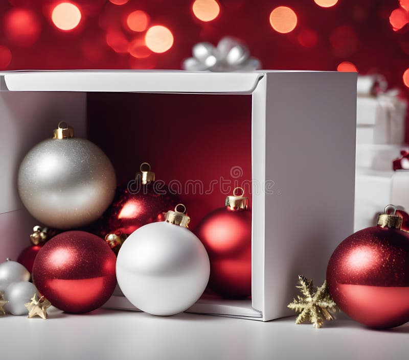 Christmas Themed Box Mockup: Festive Decor with Tree Ornaments Stock ...