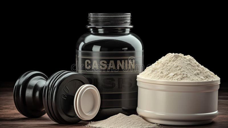 Casein Protein with Scoop and Dumbbell.Bodybuilder Nutrition(sup Stock ...