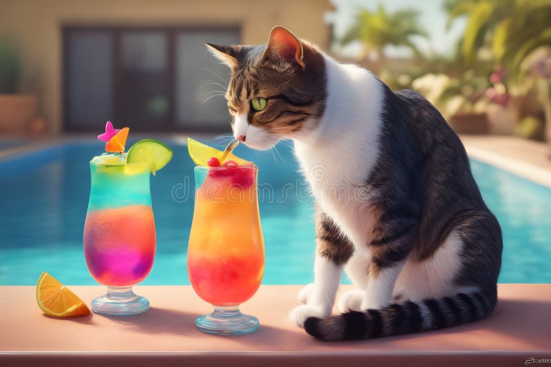 A Cat Sips on a Tiny, Colorful Mocktail by the Pool Stock Image - Image ...