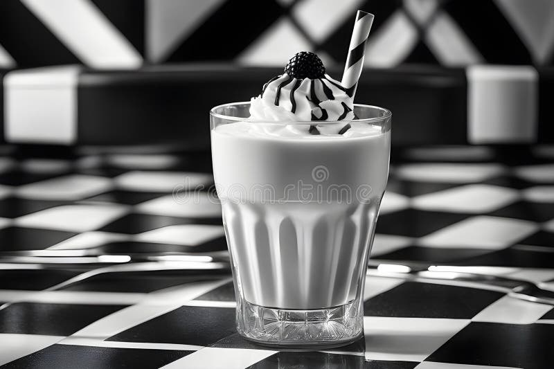 A Classic Milkshake in a Retro Diner Setting with a Checkered Black and ...