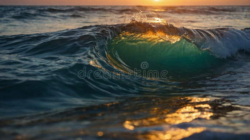 Close Up on Sunset on the Beach with Ocean Wave. Rough Colored Ocean ...