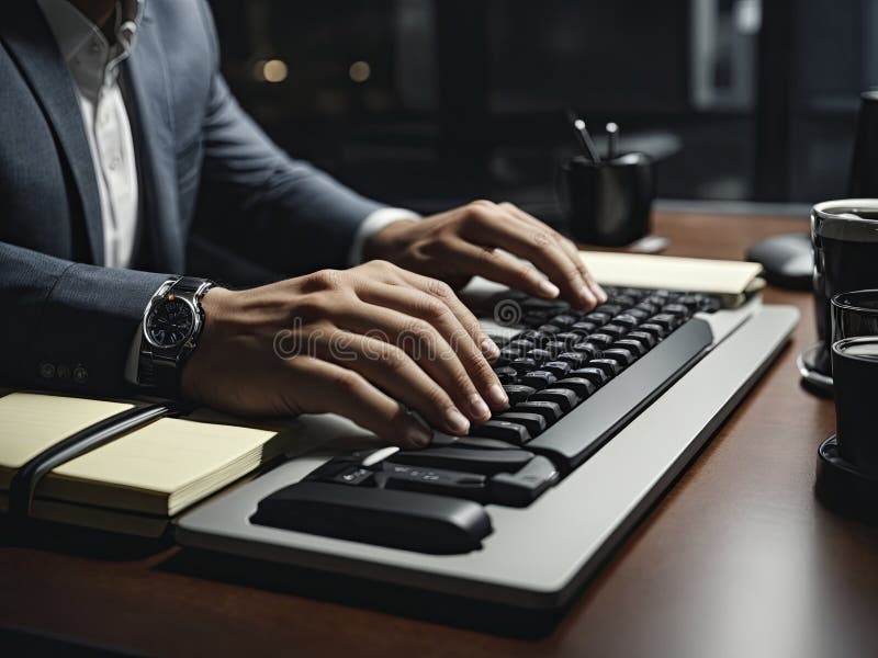 A Close-up of Two Hands Typing Away on a Sleek, Modern Office Desk ...