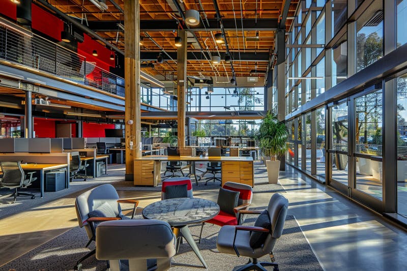A Collaborative Open Office with High Ceilings and Flexible Seating ...