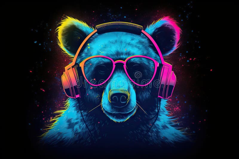 Cool Neon Party Dj Bear in Headphones and Sunglasses Stock Illustration ...