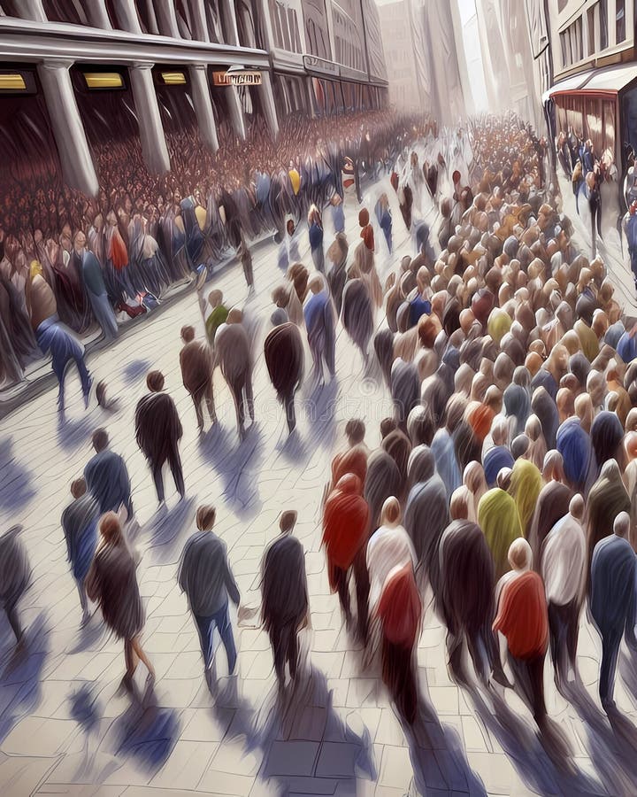 Crowd of hurrying people stock illustration. Illustration of painting ...