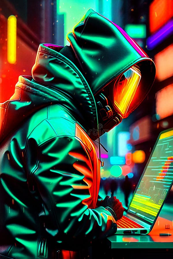 Cyberpunk Cool Hacker Working Laptop Anonymous Hacker Coding With